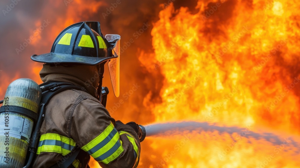 Heroic firefighter in uniform and protective gear dousing intense ...