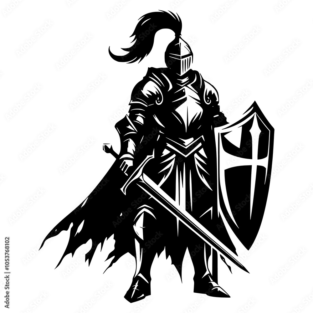 Silhouette of knight Warrior with Shield and Spear in Minimalist Black ...