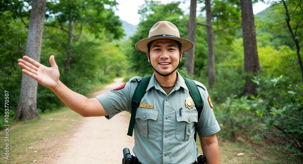 East Asian park ranger giving tour welcoming expression uniform with ...