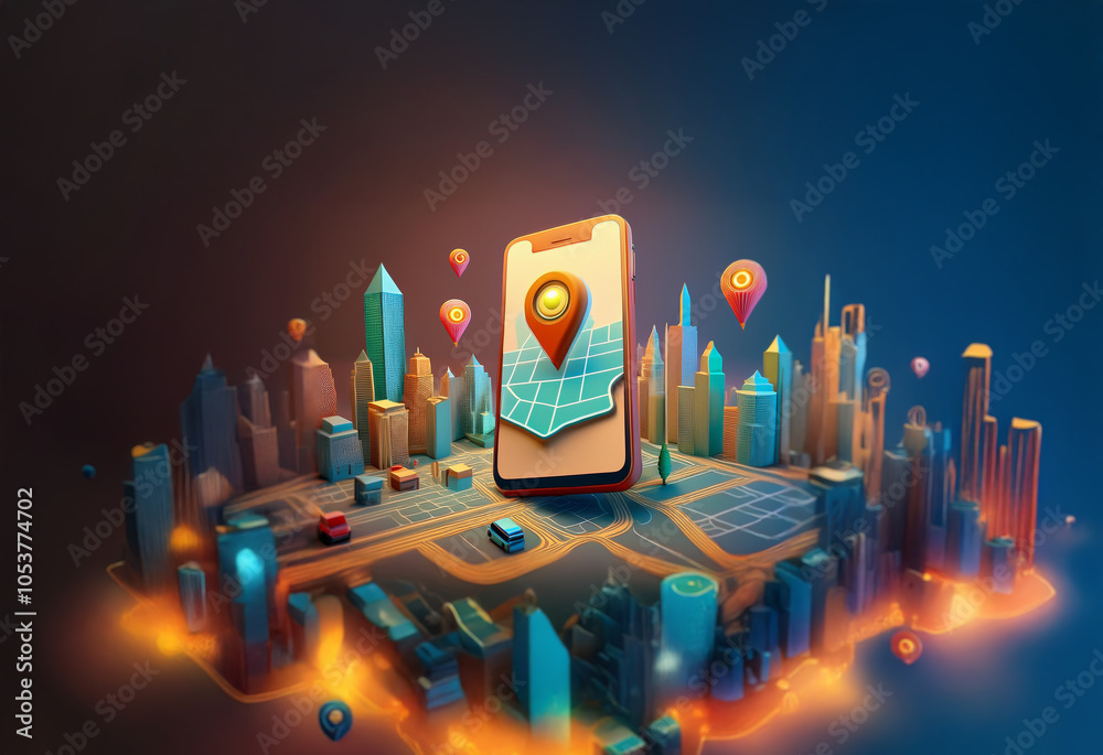 A 3D rendered illustration of a smartphone with a map on its screen, a ...