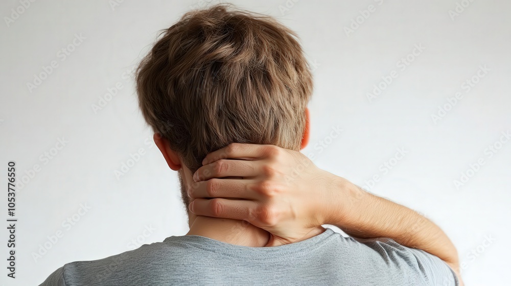 Back view of a person suffering from neck pain, hand gripping the neck ...