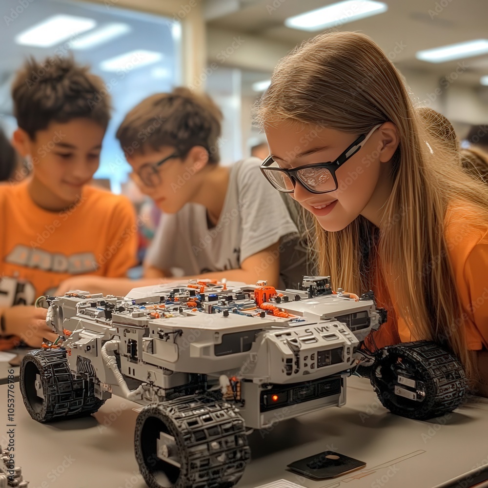 Students building a robot together in a classroom with futuristic decor ...