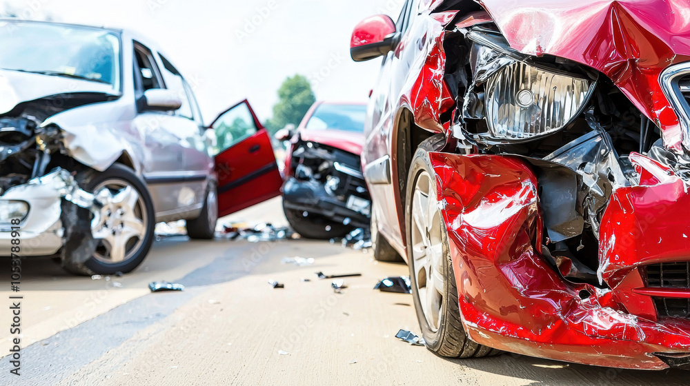 serious car accident scene featuring damaged vehicles, including red ...