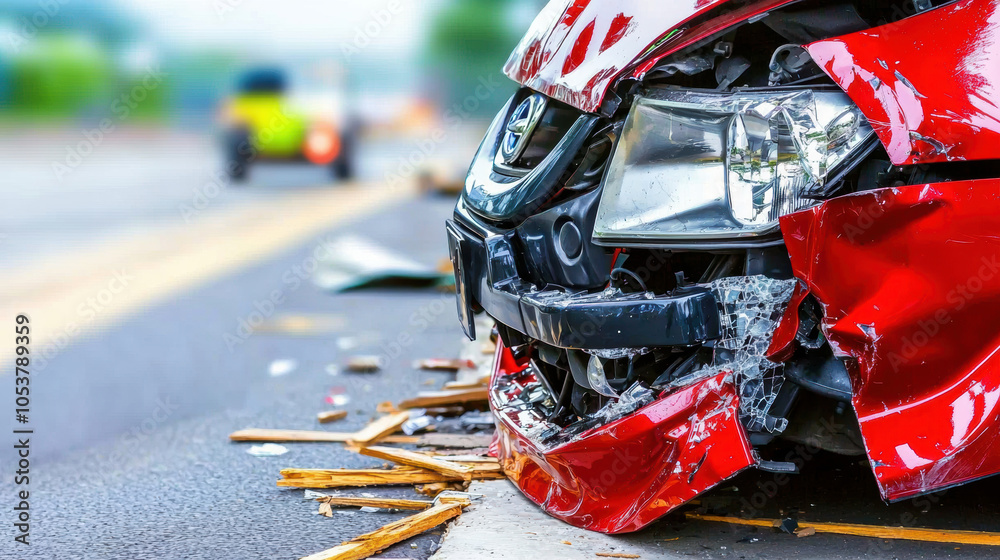 damaged red car with crushed front end is seen on road, surrounded by ...