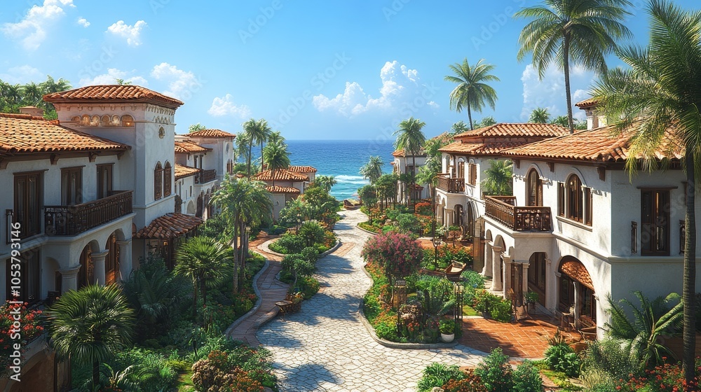 Eagle-eye view of a Mediterranean-style apartment complex with ...