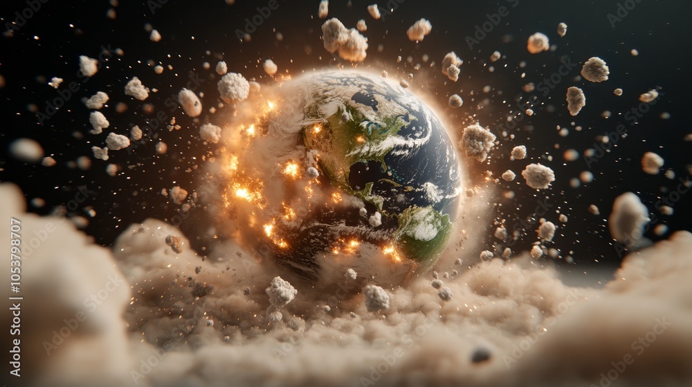 A globe representing Earth surrounded by falling meteors, fiery impact ...
