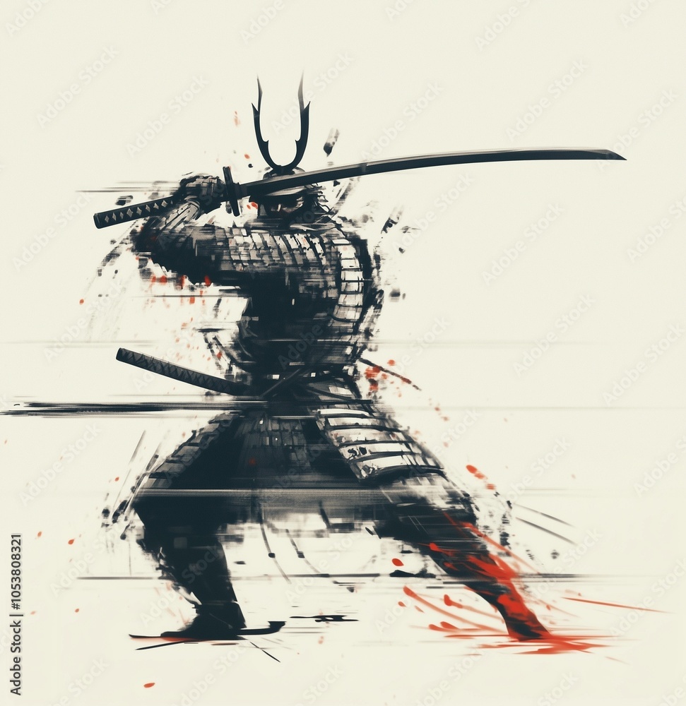A powerful samurai warrior depicted mid-action with dynamic ...