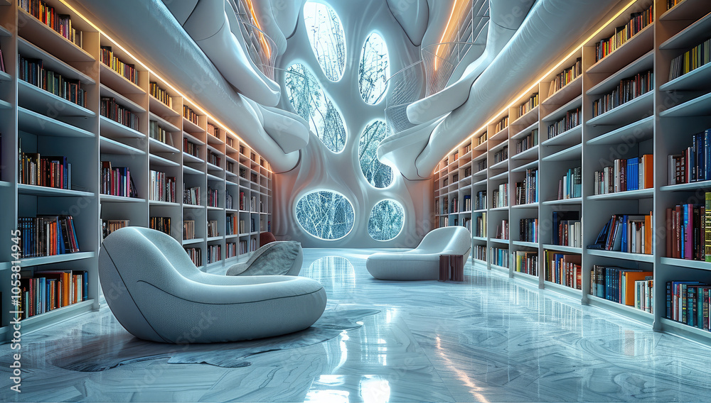 Interior design of a library, modern, bookstore with sleek, minimalist ...