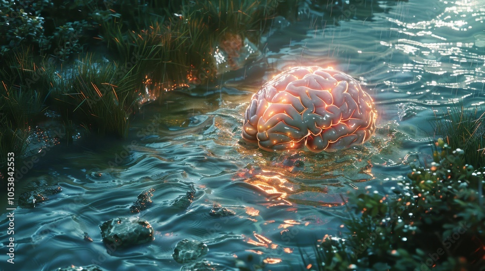 A brain is floating in a body of water with a bright orange glow ...