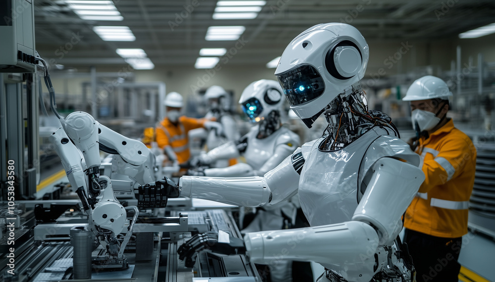 Malfunctioning Robots on Factory Floor with Workers. The blend of ...