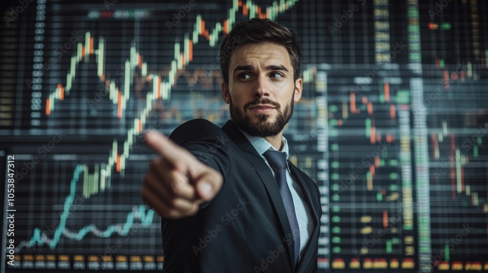 Very realistic photo of a businessman confidently pointing at a rising ...