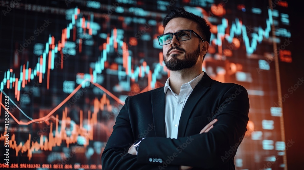 Very realistic photo of a businessman showcasing a rising financial ...