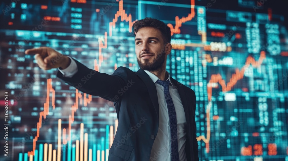 Very realistic photo of a businessman confidently pointing at a rising ...