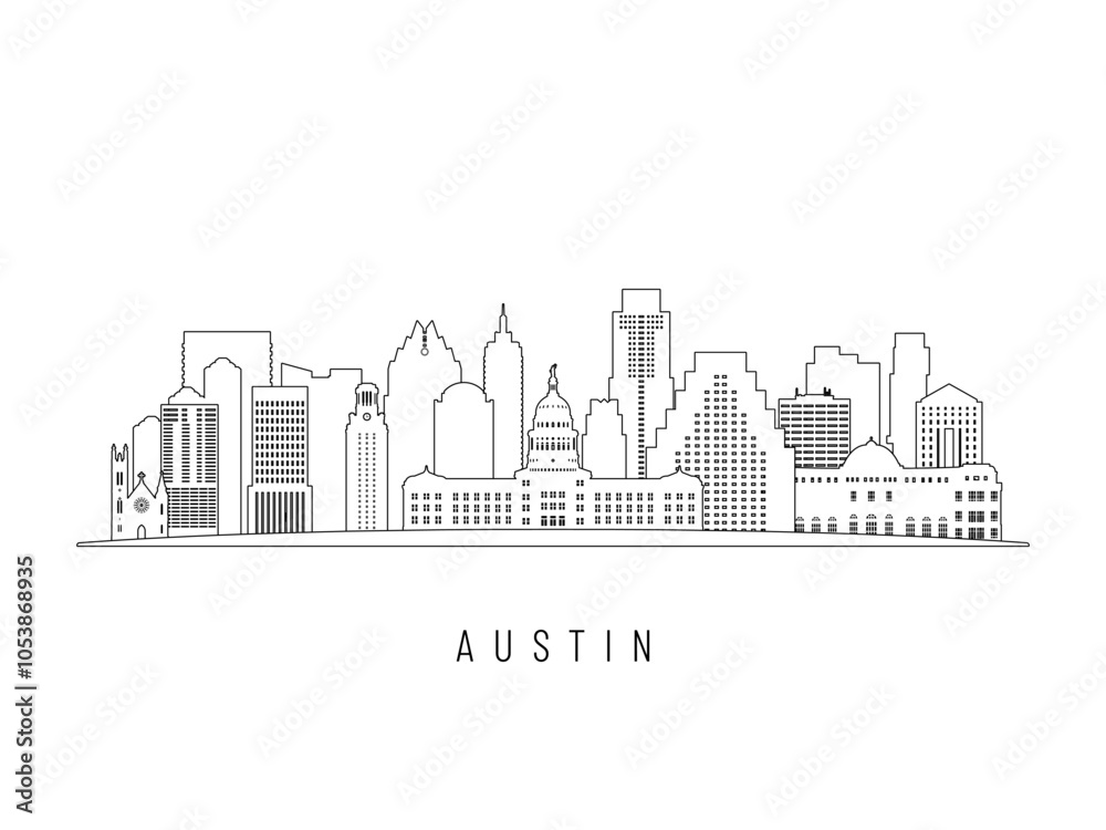 Detailed Austin skyline vector illustration. Austin buildings in line ...