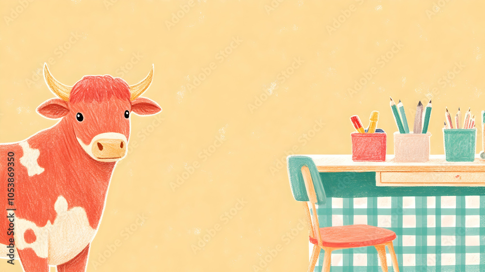 Red Cow at a Desk with School Supplies, animal, farm animal, classroom ...