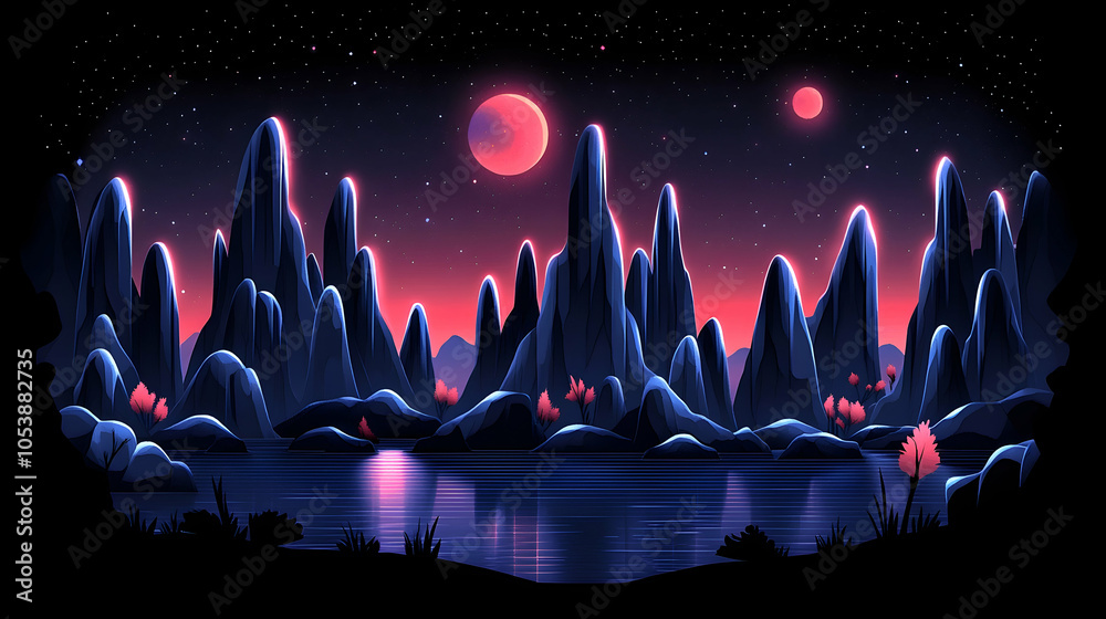 Mountains under the night sky with two moons, starry night, moonlight ...