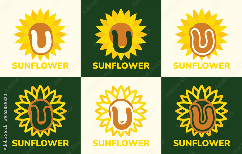 Set of letter U sunflower logo. This logo combines letters and sunflower shapes. Suitable for ...