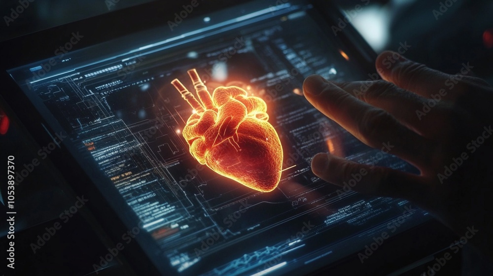 Futuristic medical technology displays glowing 3D heart model on touchscreen interface ...