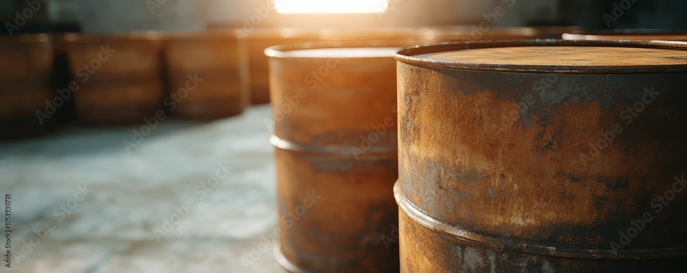 Empty oil barrels in a storage facility, signifying a global energy ...