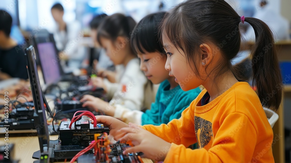 school girl computer at class in classroom, online virtual education ...