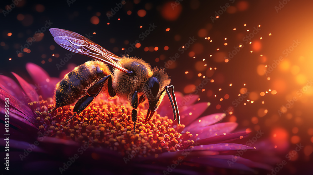 Bee pollinating a flower with vibrant colors, capturing the pollination ...
