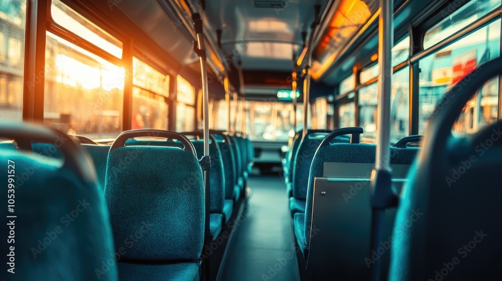 A spacious public bus interior with blue upholstered seats and overhead ...