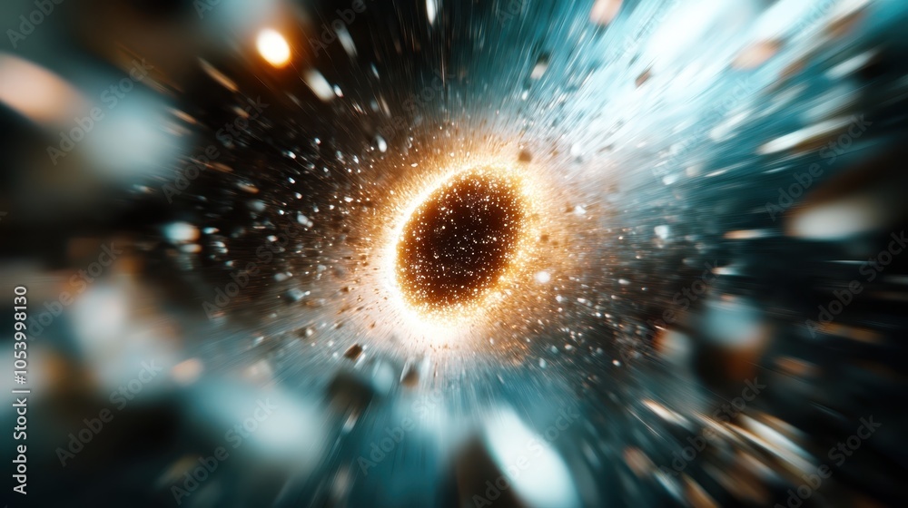 A dynamic explosion of light and particles radiates from a central ...