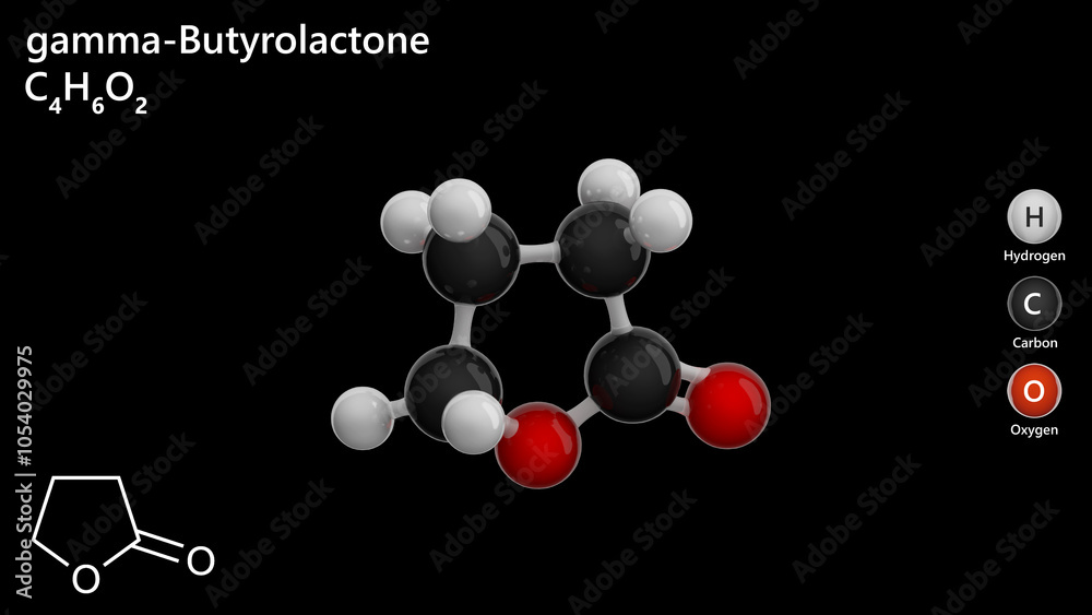 Molecule: Gamma-Butyrolactone. Solvent. Molecular structure. Formula ...