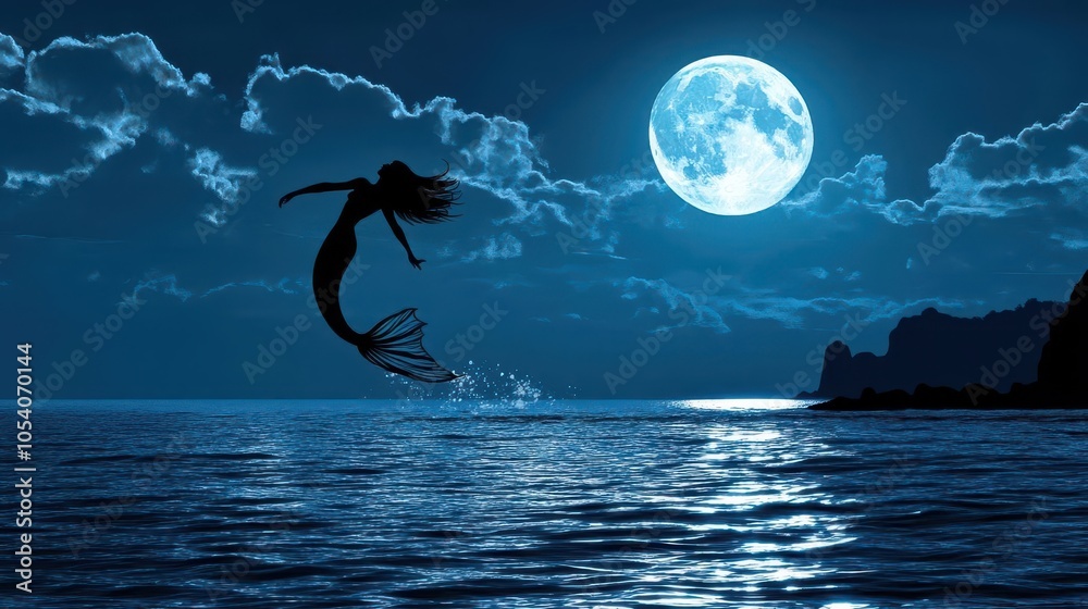 A mermaid silhouette flipping her tail gracefully as she leaps from the ...
