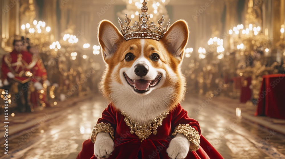 A regal Corgi, wearing a crown and a velvet robe, skis down a palace ...