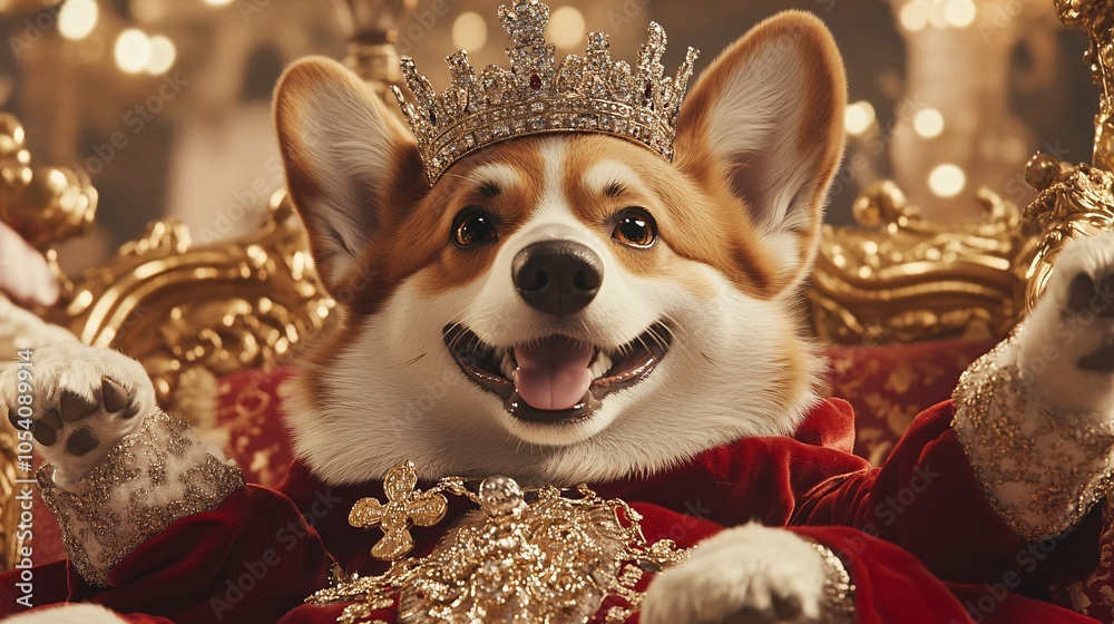 A regal Corgi, wearing a crown and a velvet robe, skis down a palace ...