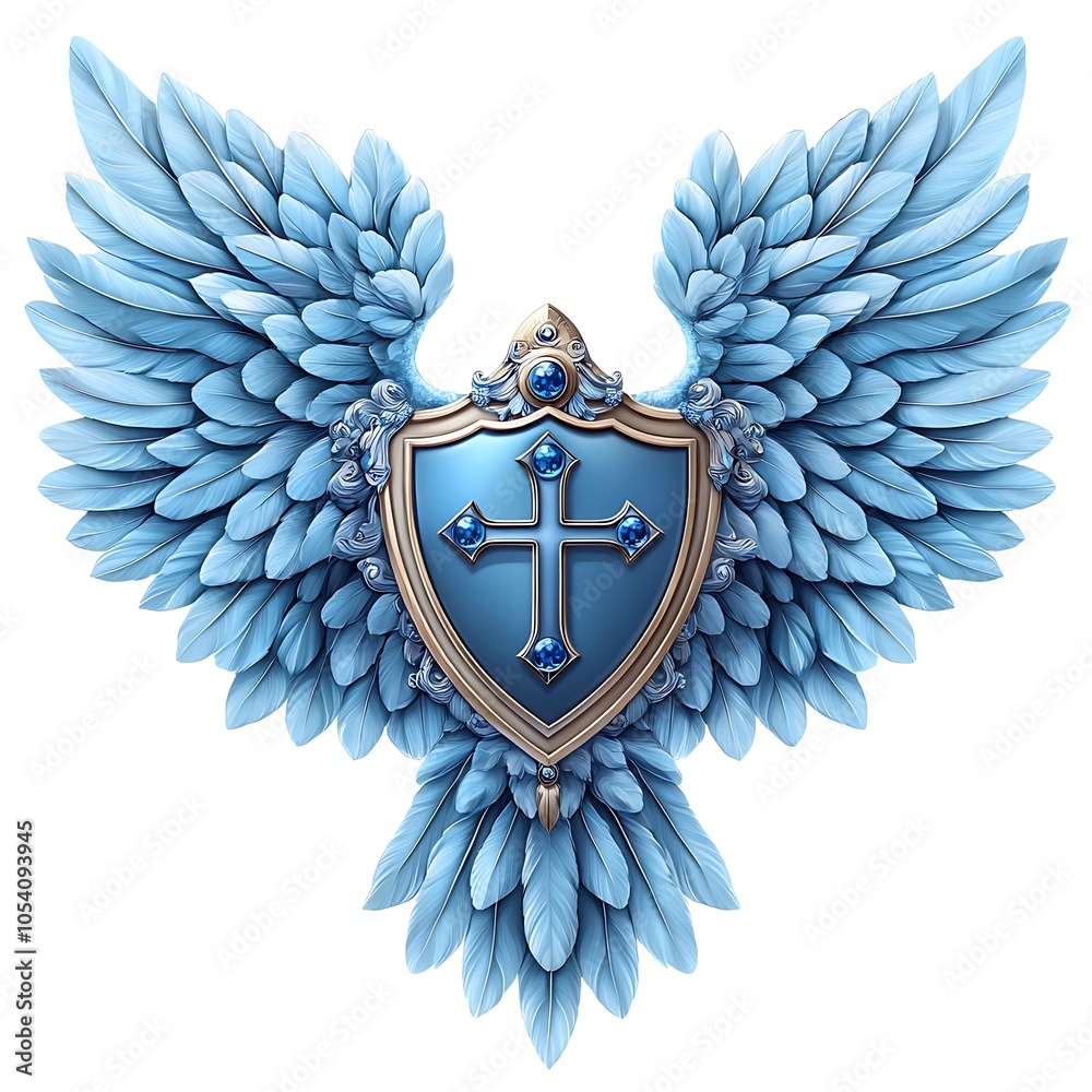 Blue Shield with Angelic Wing and Cross Design for Protective Visual ...
