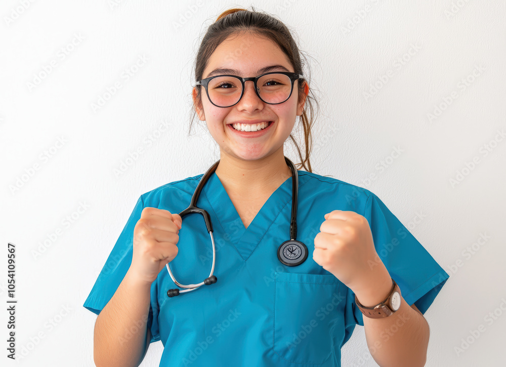 happy young nurse wearing blue uniform and glasses, expressing ...