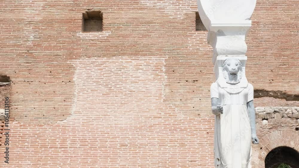An ancient Egyptian sphinx statue stands against a brick wall of a ...