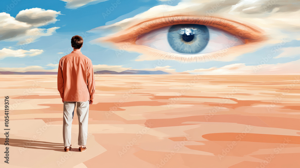 person stands in vast desert landscape, gazing at surreal, oversized ...