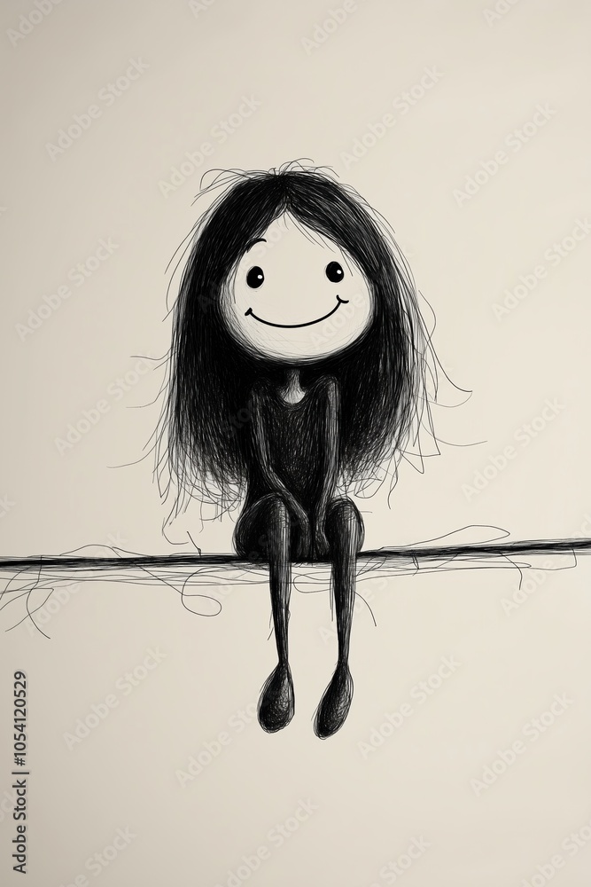 Minimalist sketch of a stick figure girl with long messy hair sitting ...