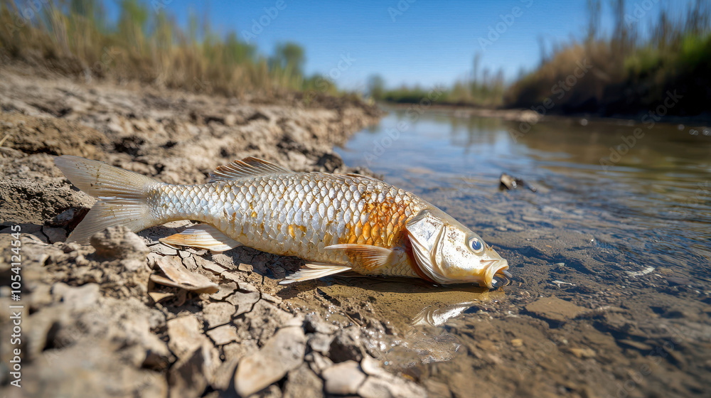 Dying fish on cracked earth near a shallow river showcasing drought and ...