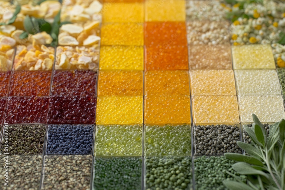 Colorful grid of seeds and grains in a detailed mosaic pattern ...