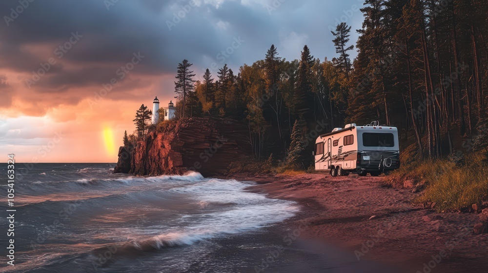 Class B RV at Apostle Islands: Photorealistic Coastal Scene with Rocky ...