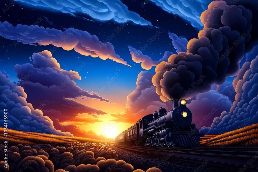 a 2D cartoon illustration of a train passing through the countryside ...
