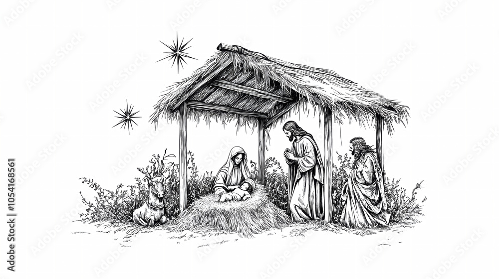 Pencil drawing of the Nativity with baby Jesus in a manger surrounded ...