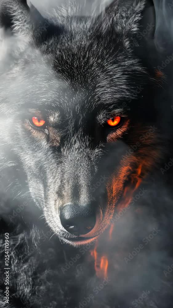 Mysterious black wolf emerging from swirling smoke with glowing red ...