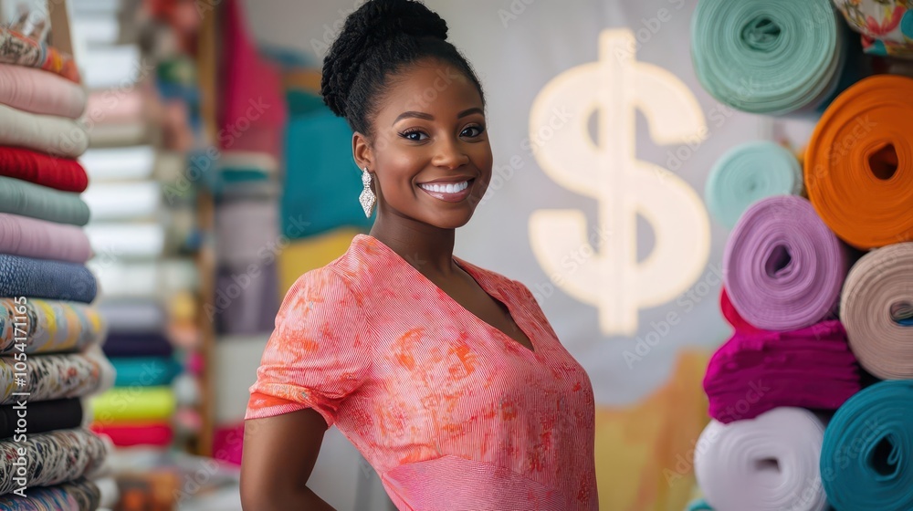 A confident woman stands in a modern fabric store, smiling with amidst ...