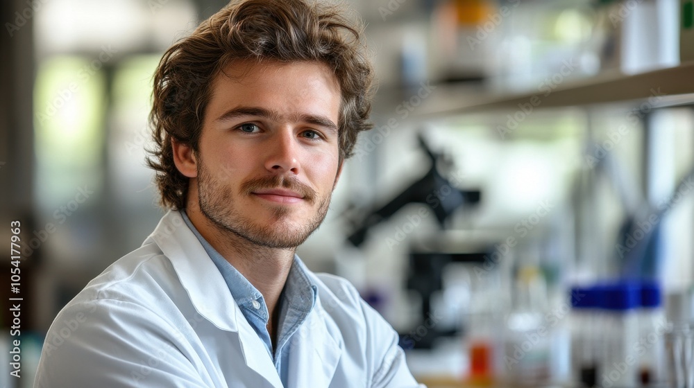 A young European man in a lab coat poses confidently in a modern ...