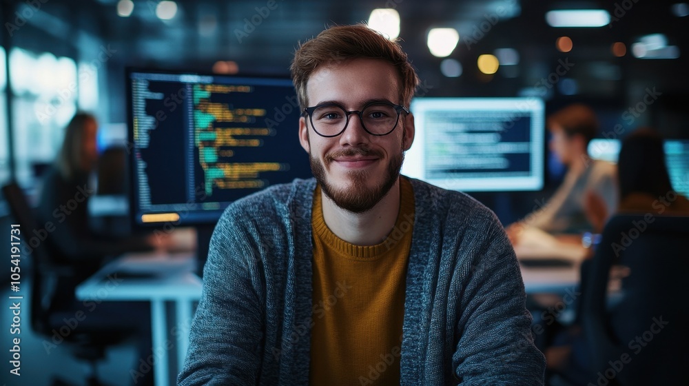 A young male software developer smiles while seated in a modern office ...