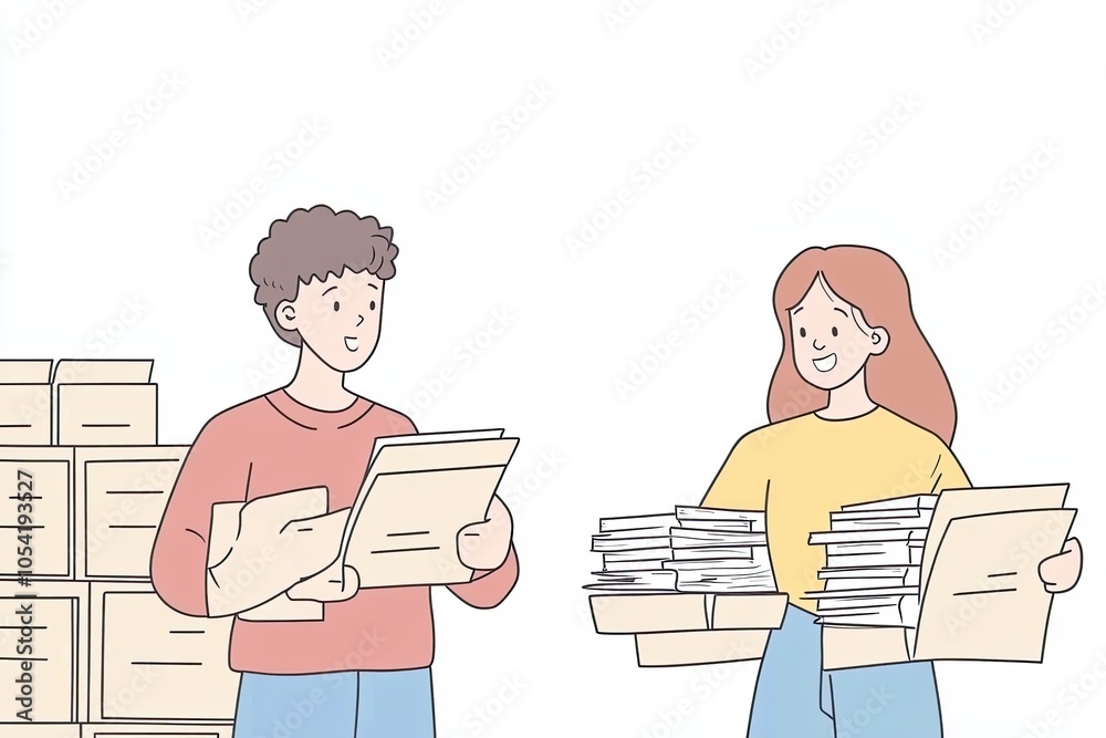 Two people organize various documents in a hand-drawn style. The ...