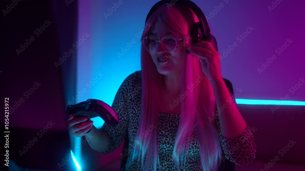 Excite young woman streamer trendy hairstyle in headphones playing game ...