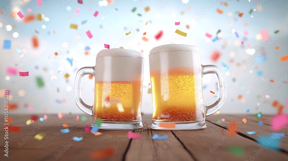 Frosty Beer Mugs with Confetti Burst: Two frosty mugs with vibrant ...