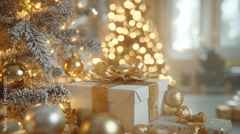Merry christmas white and gold gifts box subtle lighting gold ribbons ...