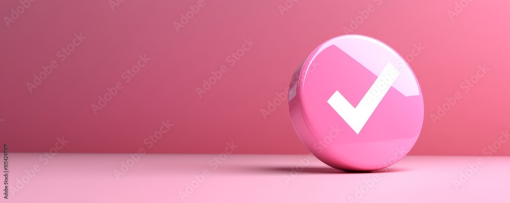 Pink check mark icon on a pink background, minimal design. Confirmation ...